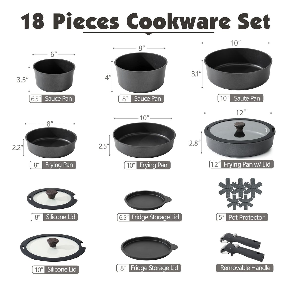 SENSARTE Nonstick Cookware Set with Detachable Handle 18pcs Black