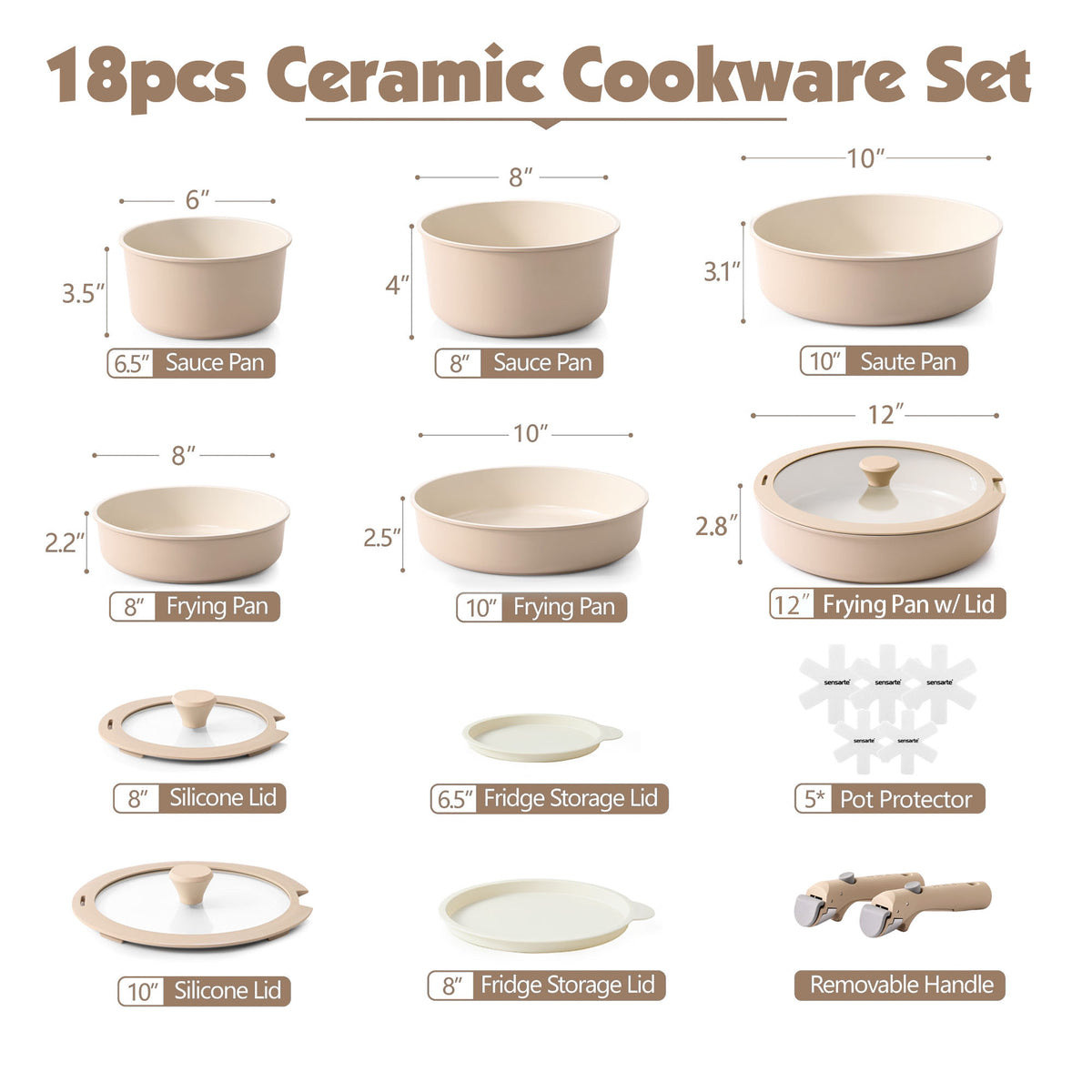 SENSARTE Nonstick Cookware Set with Detachable Handle 18pcs Almond Bei